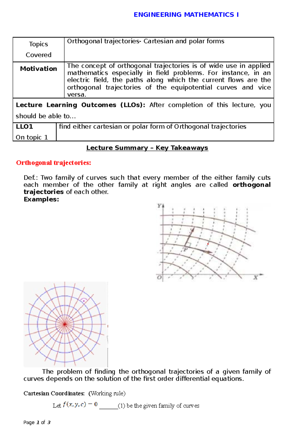 Orthogonal trajectories- Cartesian and polar forms - ENGINEERING ...