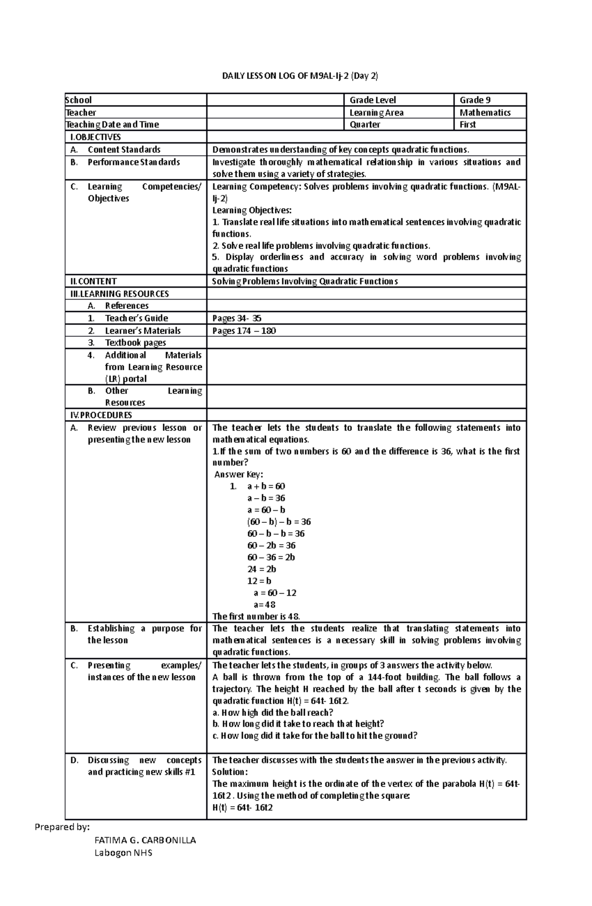 I-DAY-42 - DLL - DAILY LESSON LOG OF M9AL-Ij-2 (Day 2) School Grade ...