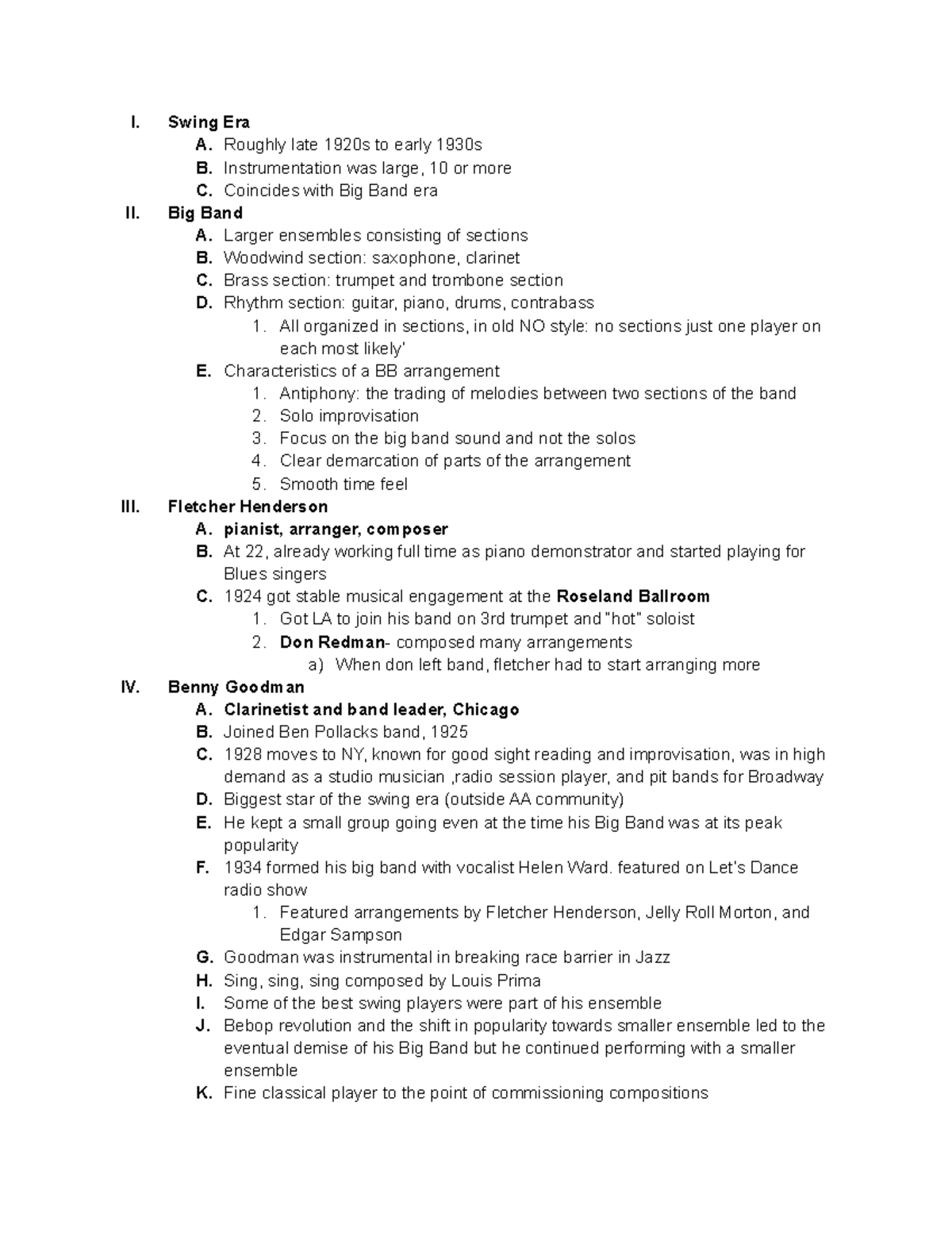 Post Midterm Lecture Notes - I. Swing Era A. Roughly late 1920s to ...