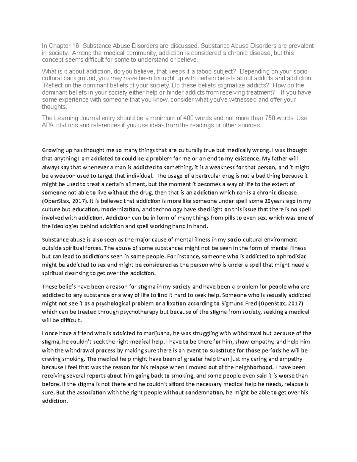 L J WEEK 8 - learning journal - In Chapter 16, Substance Abuse ...