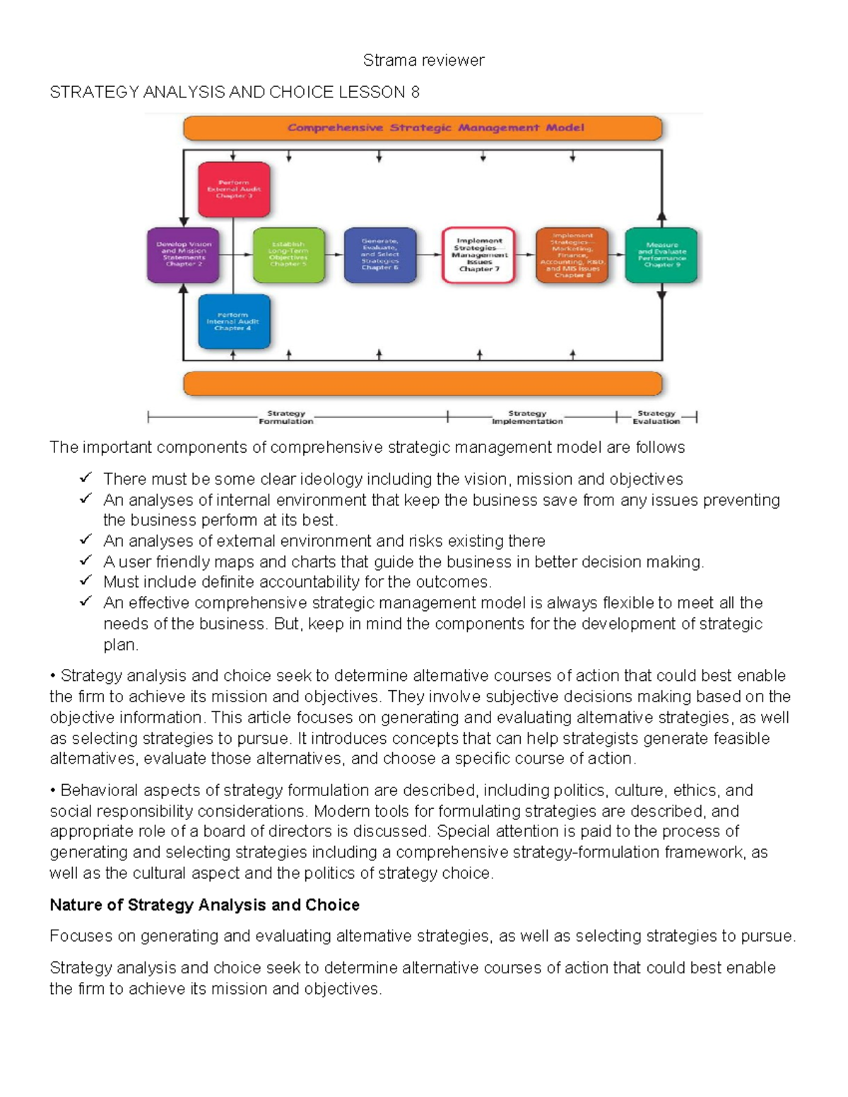 Strama reviewer - Strama reviewer STRATEGY ANALYSIS AND CHOICE LESSON 8 ...