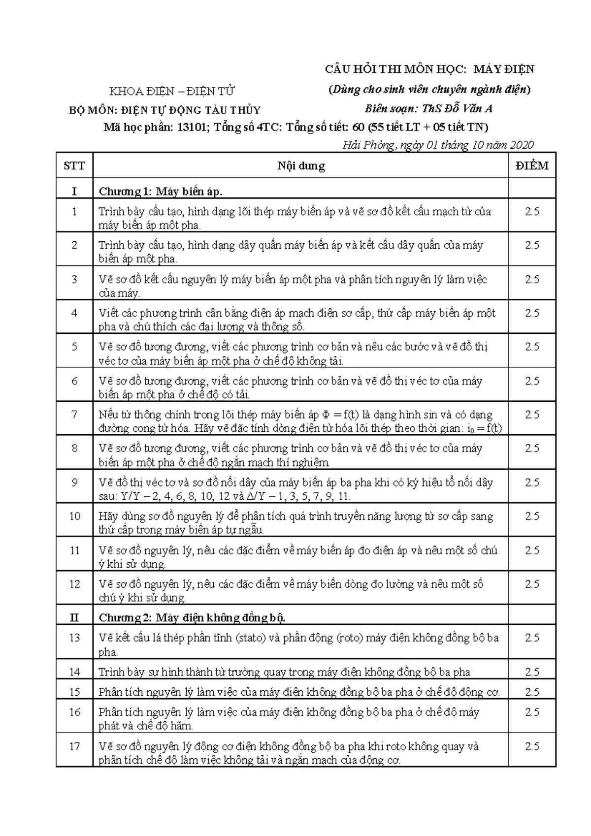 Câu hỏi thi Máy điện - nothing - KHOA ĐIỆN – ĐIỆN TỬ BỘ MÔN: ĐIỆN TỰ ...