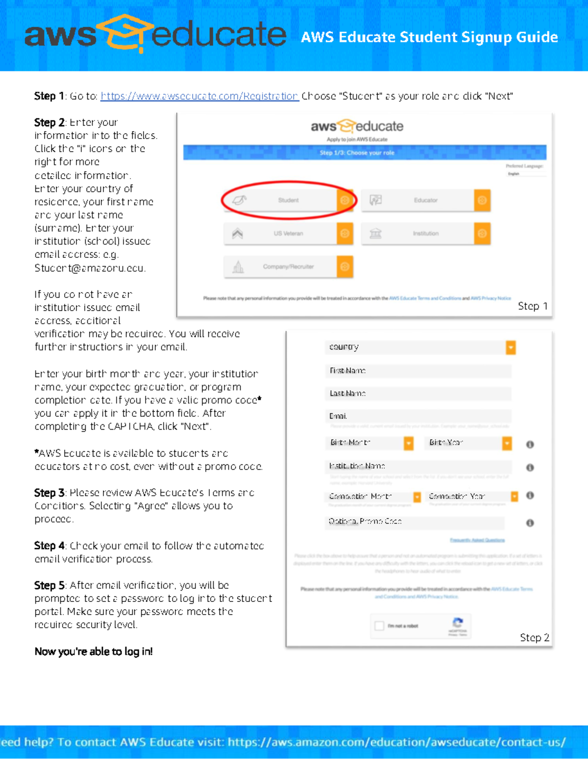AWS Educate Student Onboarding - Step 1: Go to: awseducate/Registration ...