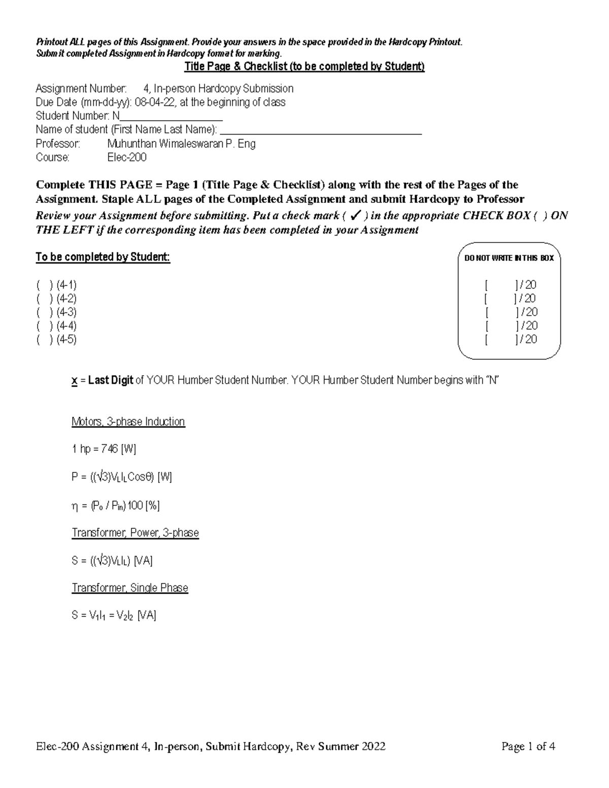 Elec-200 Assignment 4, Rev Summer 2022 - Submit completed Assignment in ...