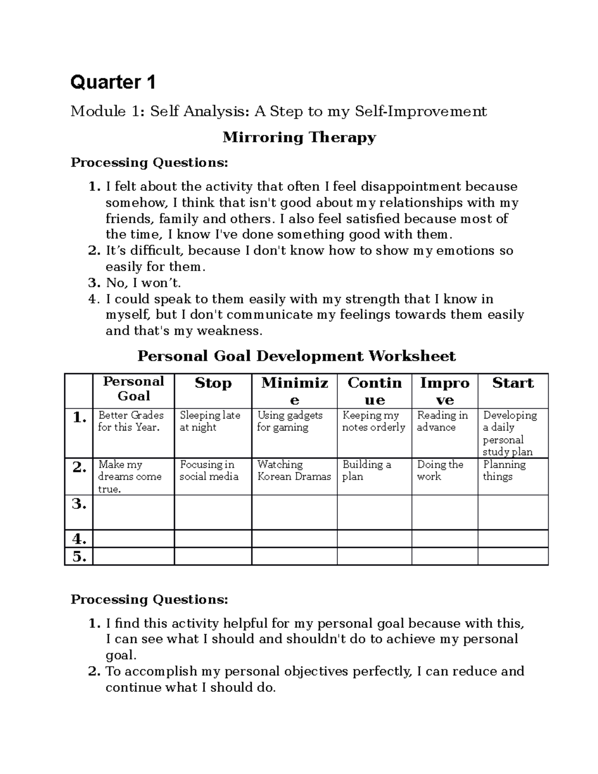 activity for guidance week in being student - Quarter 1 Module 1: Self ...