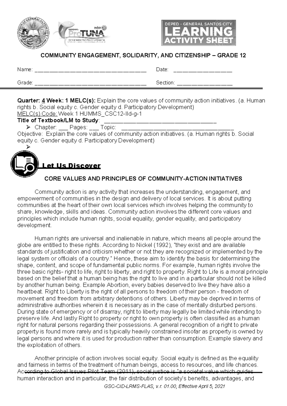 LAS-CESC-4 - COMMUNITY ENGAGEMENT, SOLIDARITY, AND CITIZENSHIP – GRADE ...