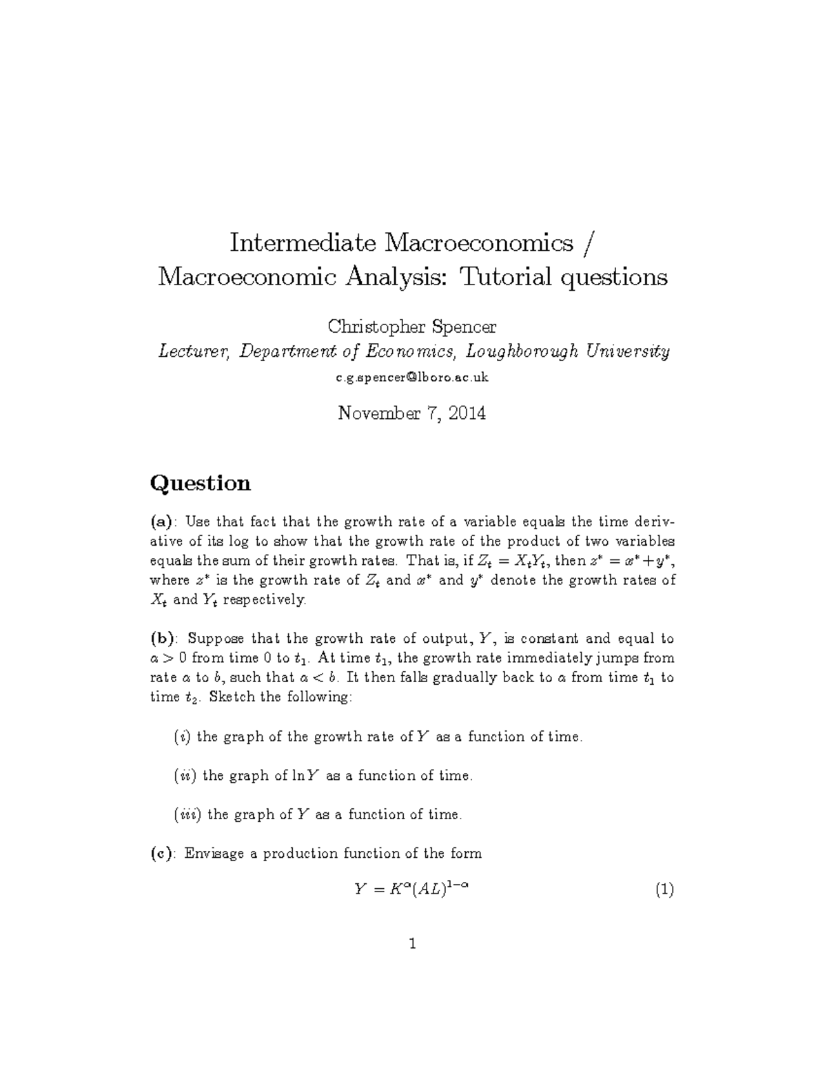 Tutorial 3 solutions - Intermediate Macroeconomics / Macroeconomic Analysis: Tutorial questions ...