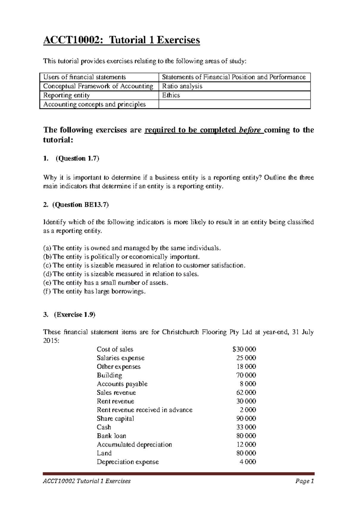 ACCT10002 Tutorial 1 Exercises Sem 2, 2019 - ACCT10002: Tutorial 1 Exercises This tutorial ...