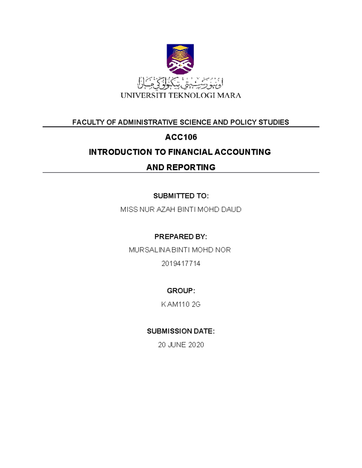 Assignment ACC 106 - Fundamental of Accounting - FACULTY OF ...