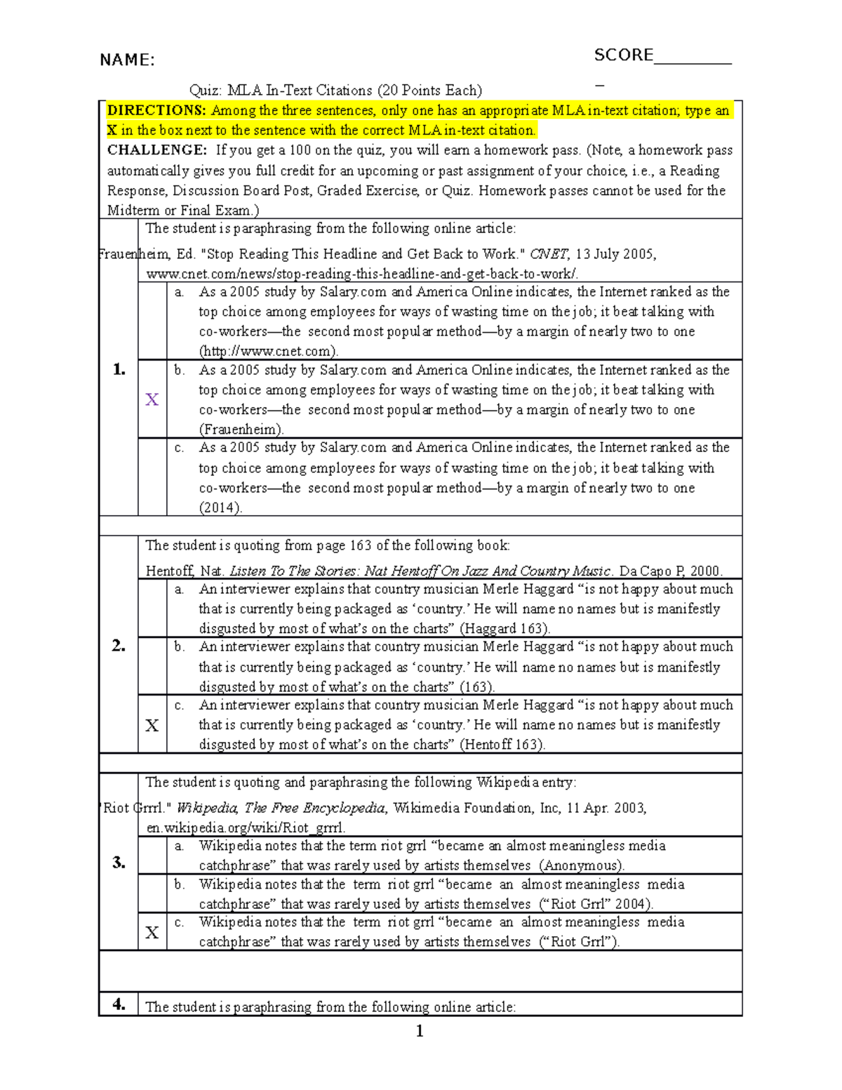 Quiz MLA In-Text Citations - NAME: Quiz: MLA In-Text Citations (20 ...