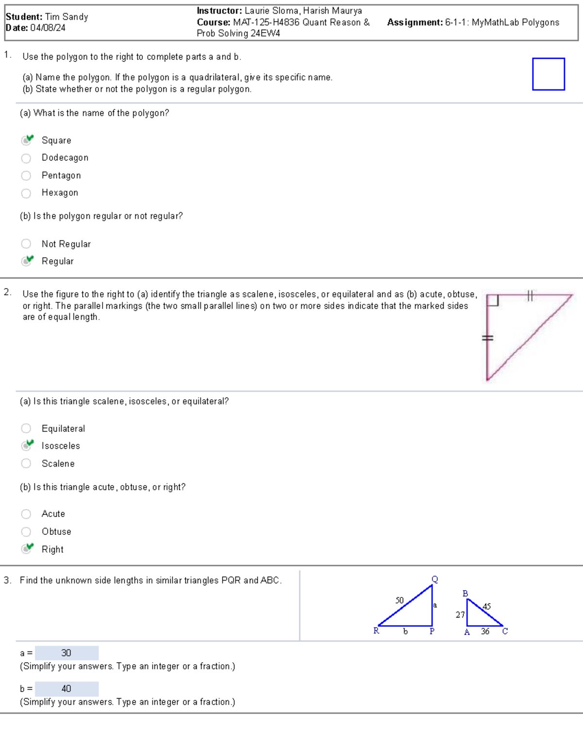 6-1-1 My Math Lab Polygons - 1. 2. 3. Student: Tim Sandy Date: 04/08 ...