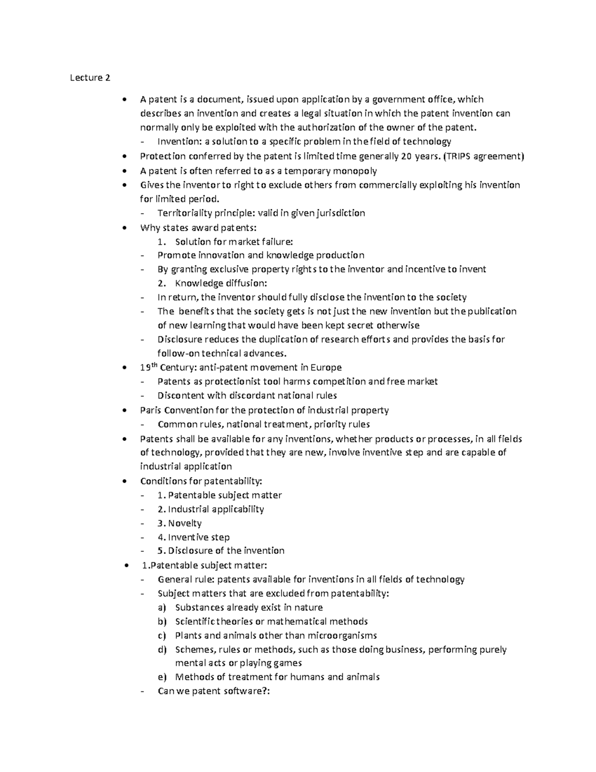 Property rights lecture 2 notes - Lecture 2 A patent is a document ...