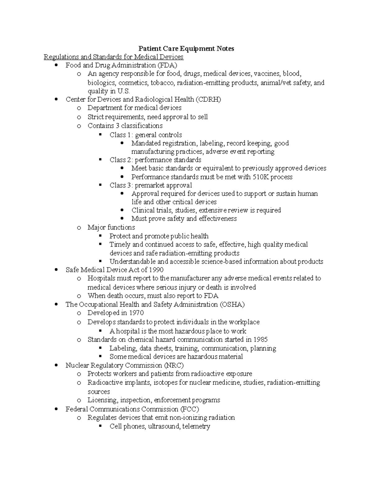 PCE 3 - Regulations and standards for medical devices notes - Patient ...