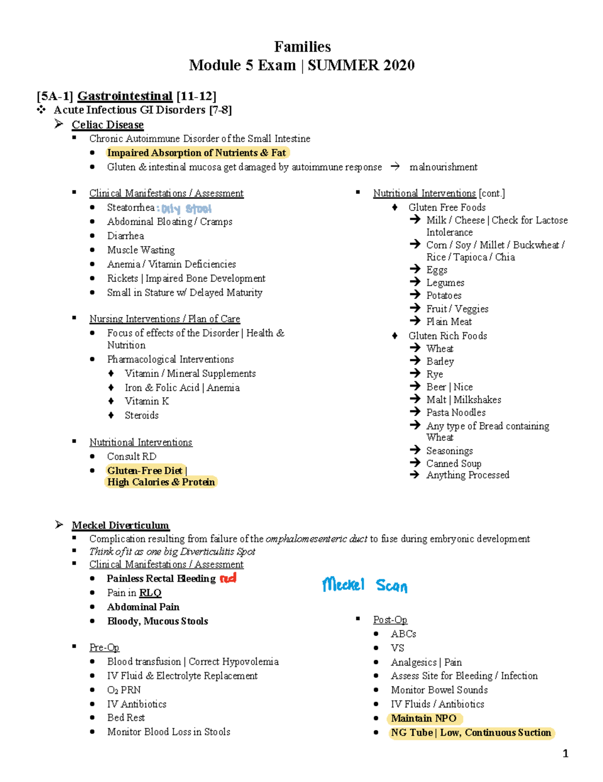 Exam 5 Review - Families Module 5 Exam SUMMER 2020 Gastrointestinal v ...