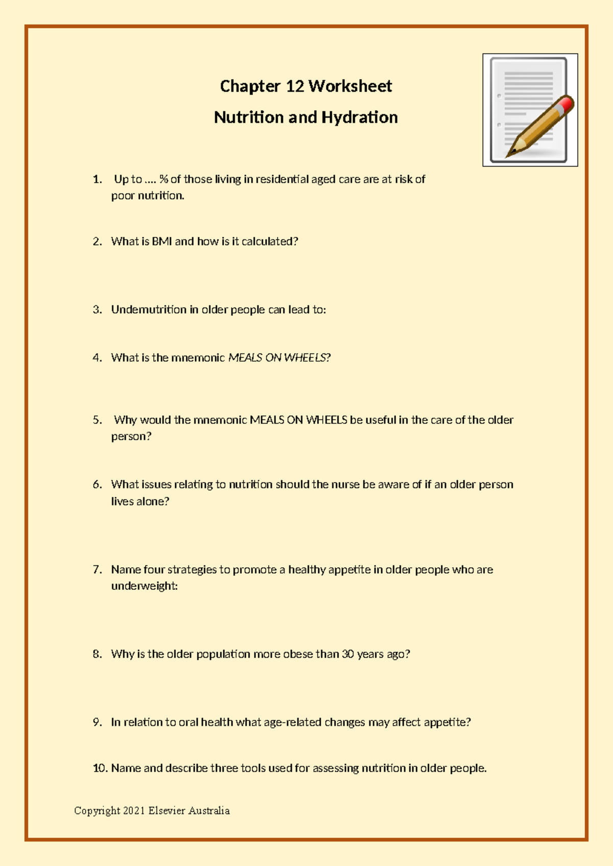 Chapter 012 Worksheet - Chapter 12 Worksheet Nutrition and Hydration 1 ...