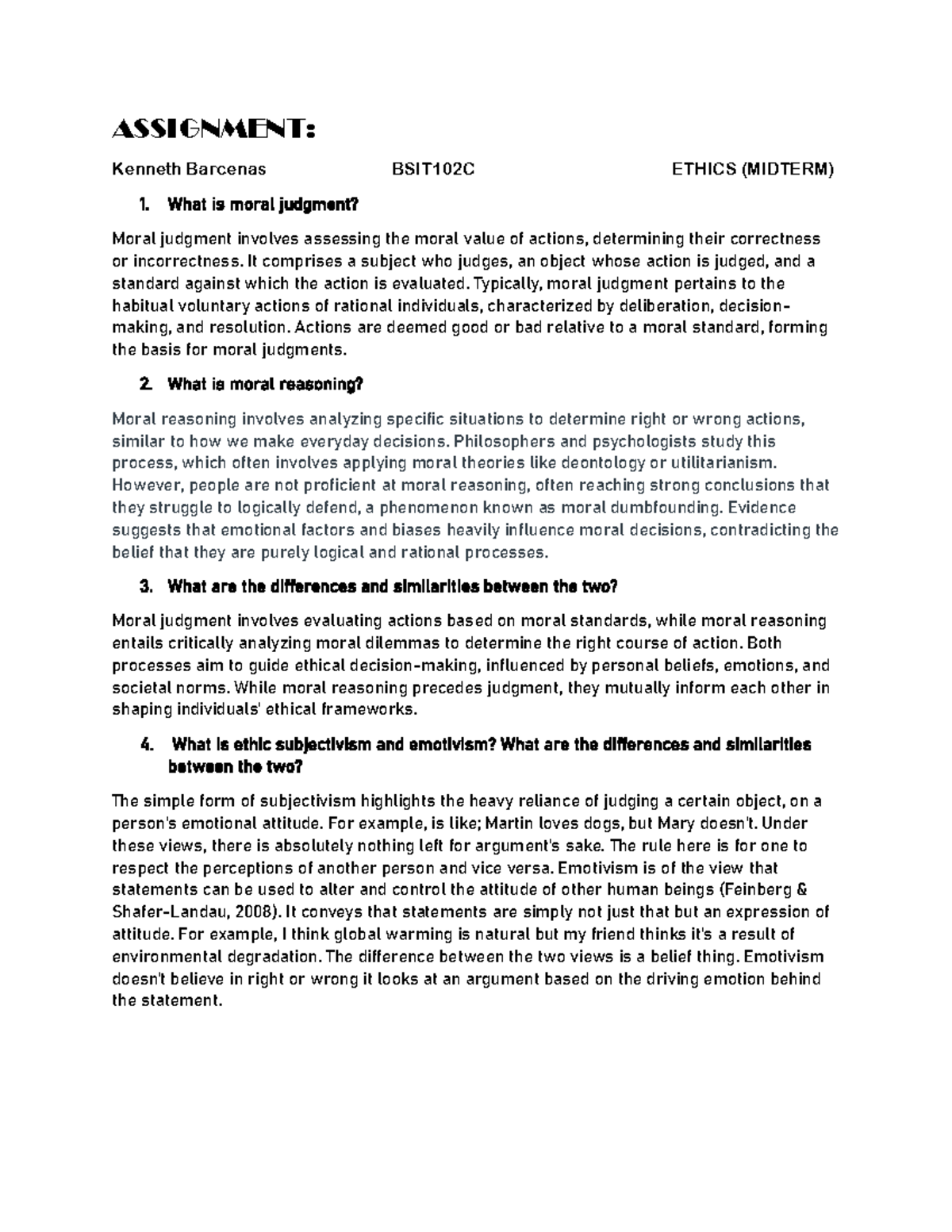 Moral Judgement and Reasoning - ASSIGNMENT: Kenneth Barcenas BSIT102C ...