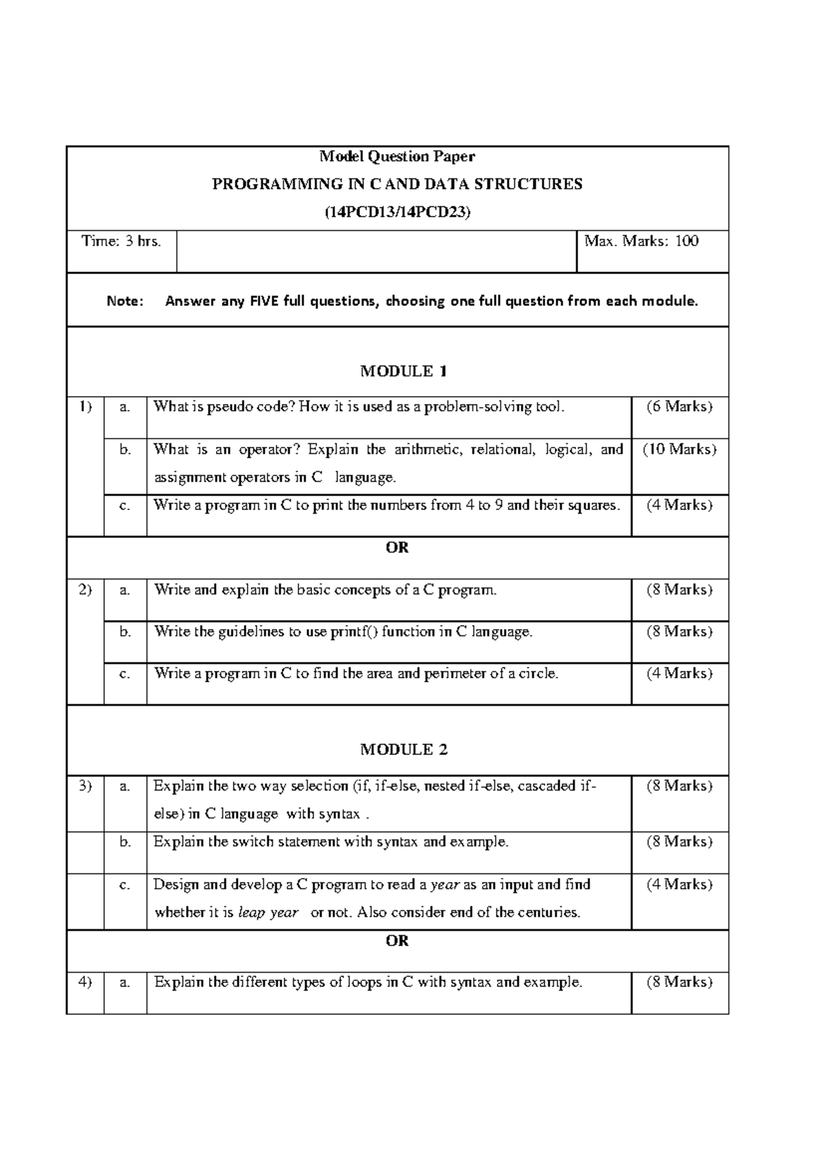 PCD Model Question Paper - Model Question Paper PROGRAMMING IN C AND ...