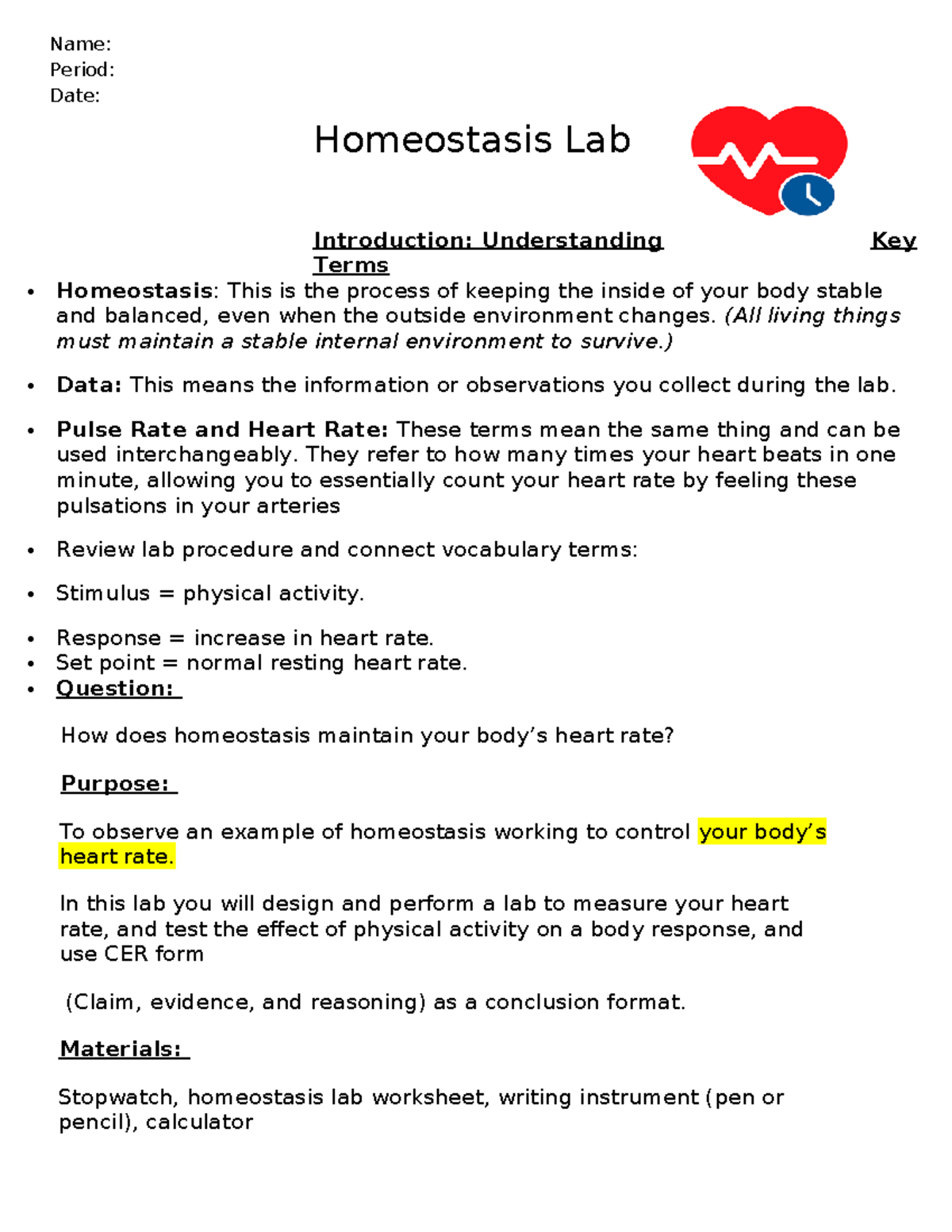 Homeostasis Lab - 24 - assigmrnt - Name: Period: Date: Homeostasis Lab ...