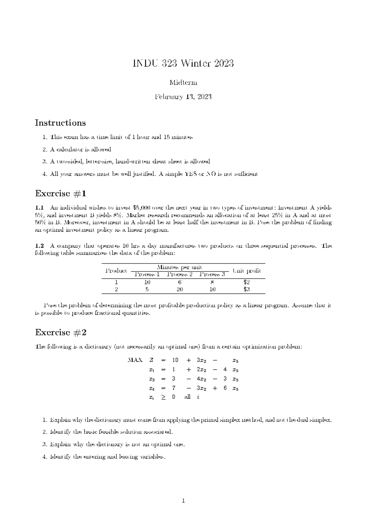 Midterm 2024 indu323 - INDU 323 Winter 2023 Midterm February 13, 2023 ...