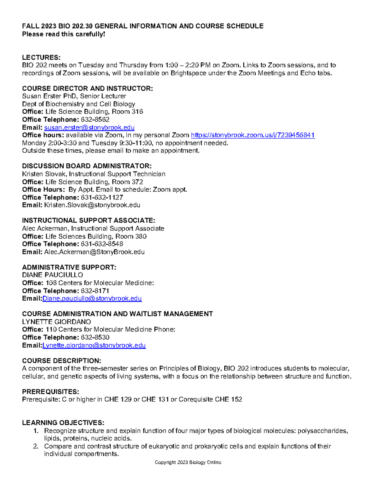 FALL 2023 BIO 202 Syllabus - FALL 2023 BIO 202 GENERAL INFORMATION AND ...