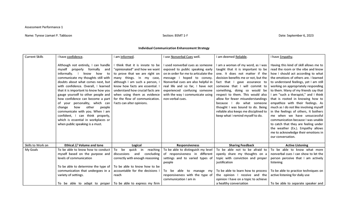 PURCOM Assignment 1 - Assessment Performance 1 Name: Tyrese Liamari P. Tablazon Section: BSMT 1 ...