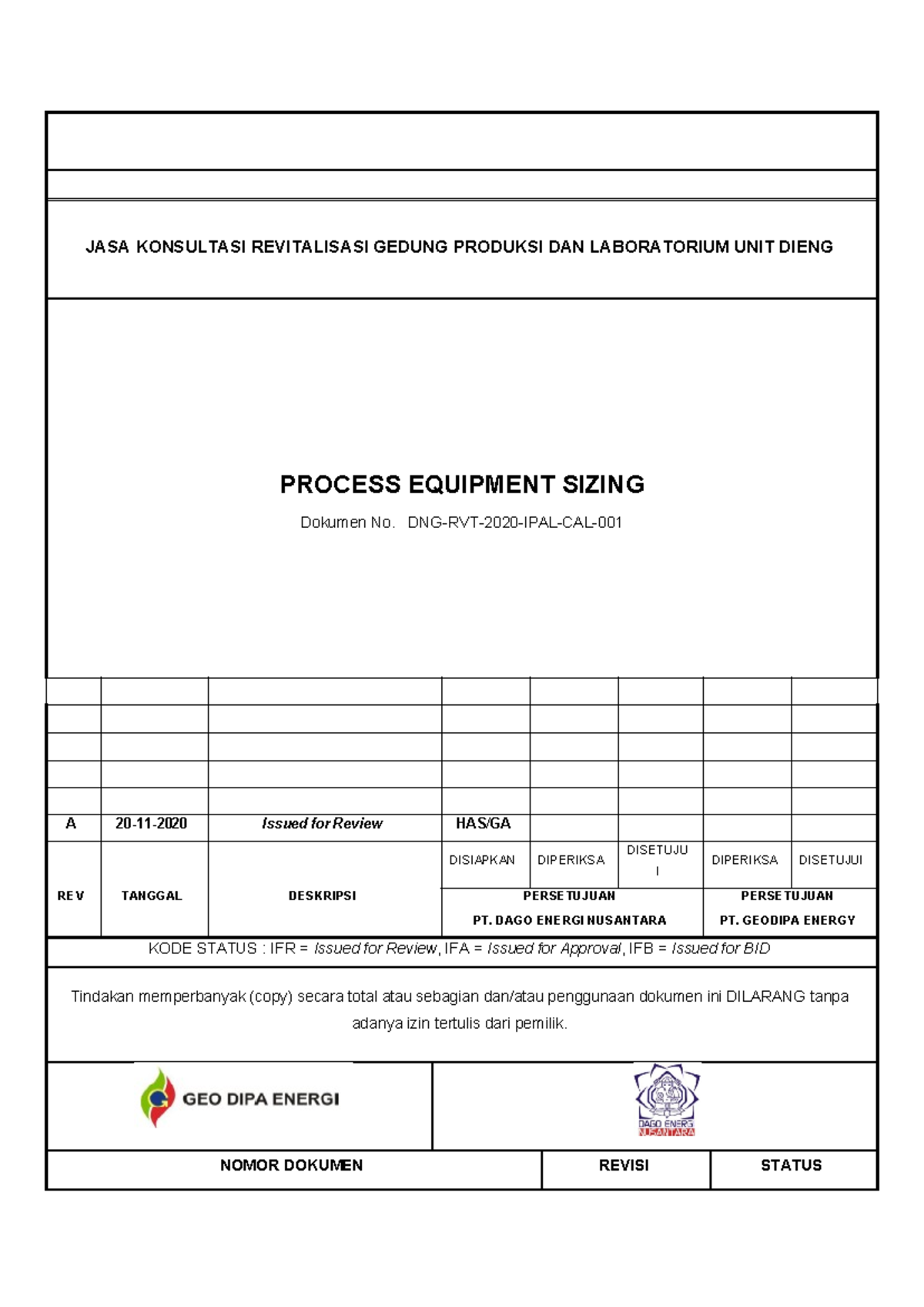 Process Equipment Sizing - JASA KONSULTASI REVITALISASI GEDUNG PRODUKSI DAN LABORATORIUM UNIT ...