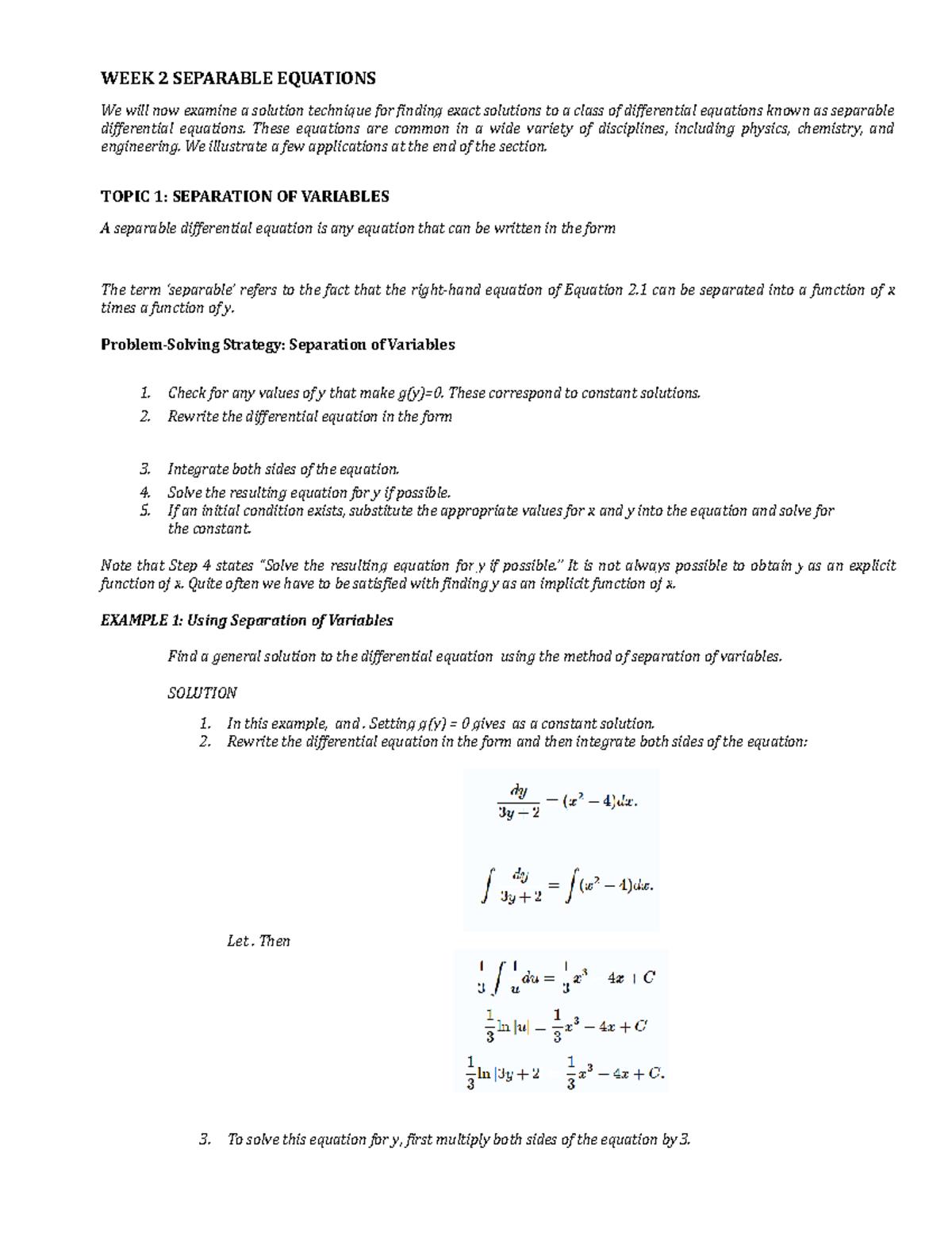 CAL - 3 Module 2 Separation of Variable - WEEK 2 SEPARABLE EQUATIONS We ...