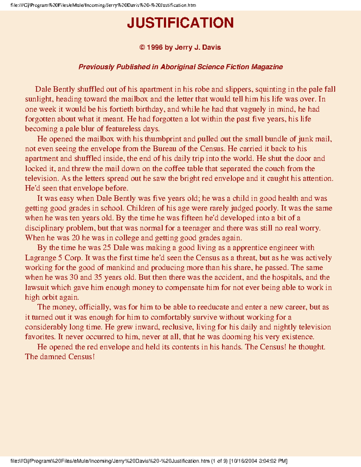 Davis, Jerry - Justification - JUSTIFICATION © 1996 by Jerry J. Davis ...