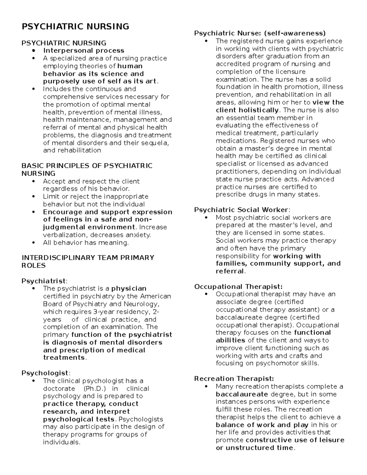 Psychiatric- Nursing - PSYCHIATRIC NURSING PSYCHIATRIC NURSING Interpersonal process A - Studocu