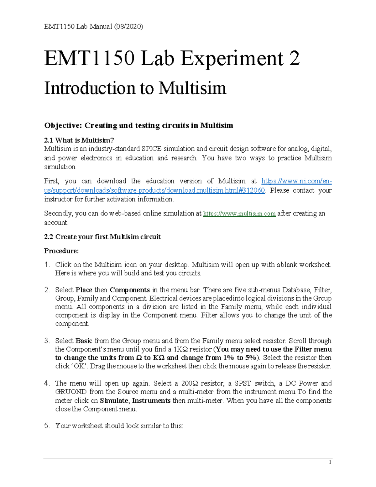 EMT1150 Lab2 Fall2020 - EMT1150 Lab Experiment 2 Introduction to ...