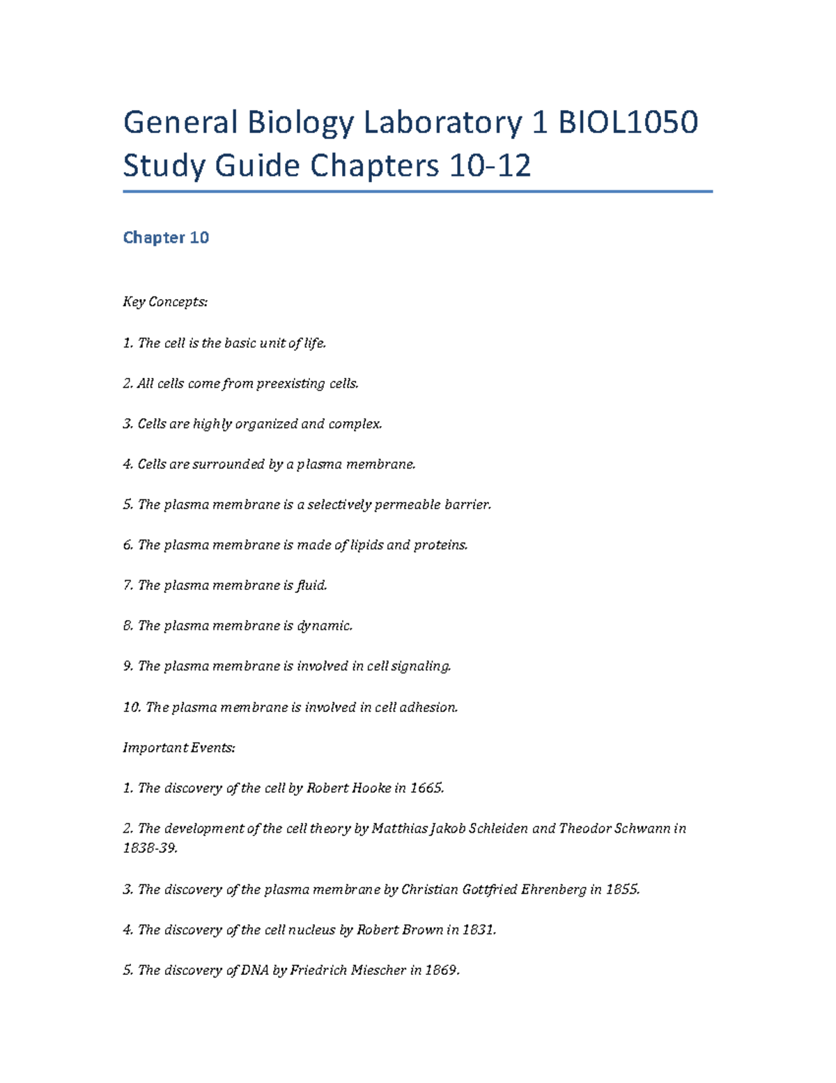 General Biology Laboratory 1 BIOL1050 Study Guide Chapters 10-12 ...