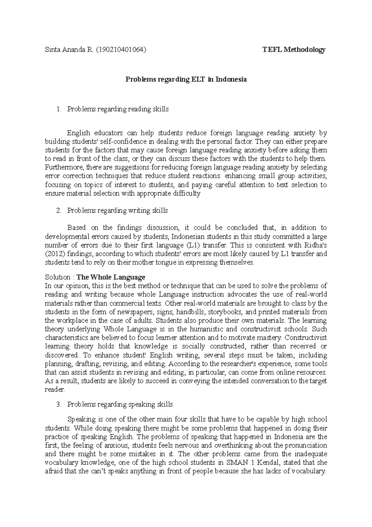 Problems in ELT - Sinta Ananda R. (190210401064) TEFL Methodology Problems regarding ELT in ...