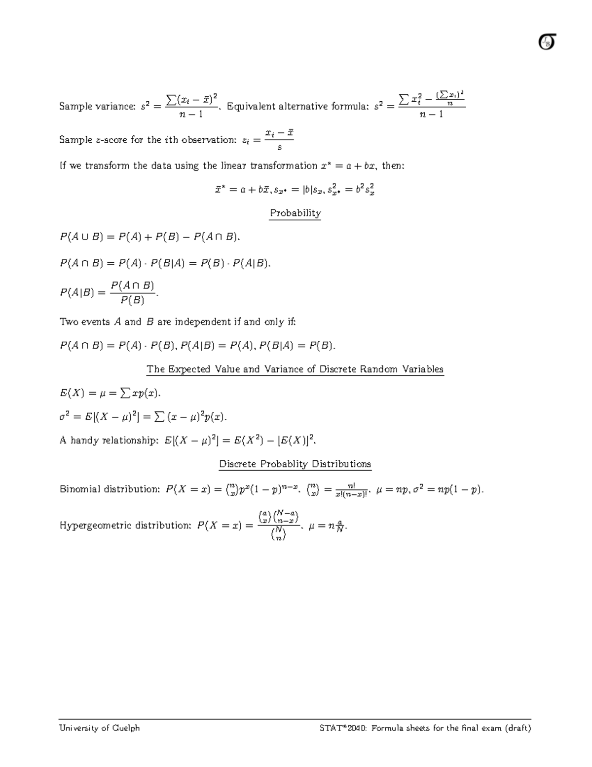2040 W24 T1 formulas - exam equations - Sample variance: s 2 = ∑ (xi − ...