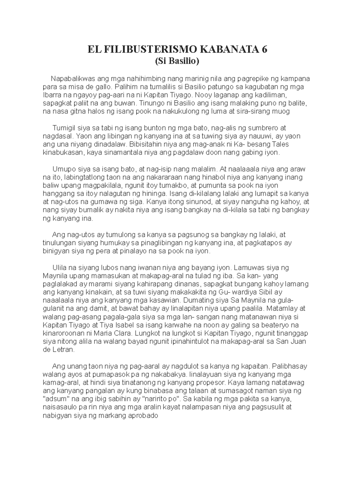 EL Filibusterismo Kabanata 6 - EL FILIBUSTERISMO KABANATA 6 (Si Basilio) Napabalikwas ang mga ...