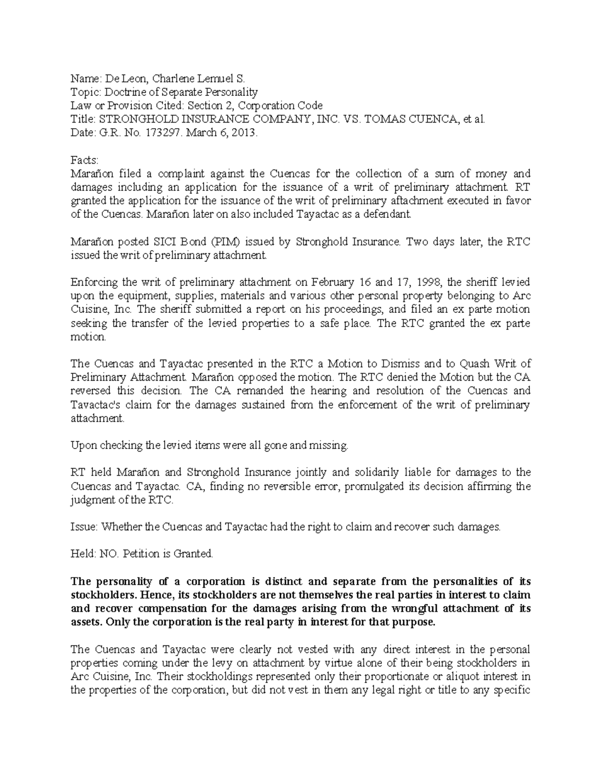 Stronghold Insurance Company, INC. VS. Tomas Cuenca, et al - Name: De ...