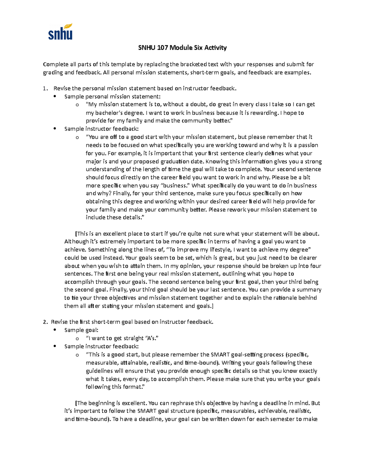 Module Six Activity - SNHU 107 Module Six Activity Complete all parts ...