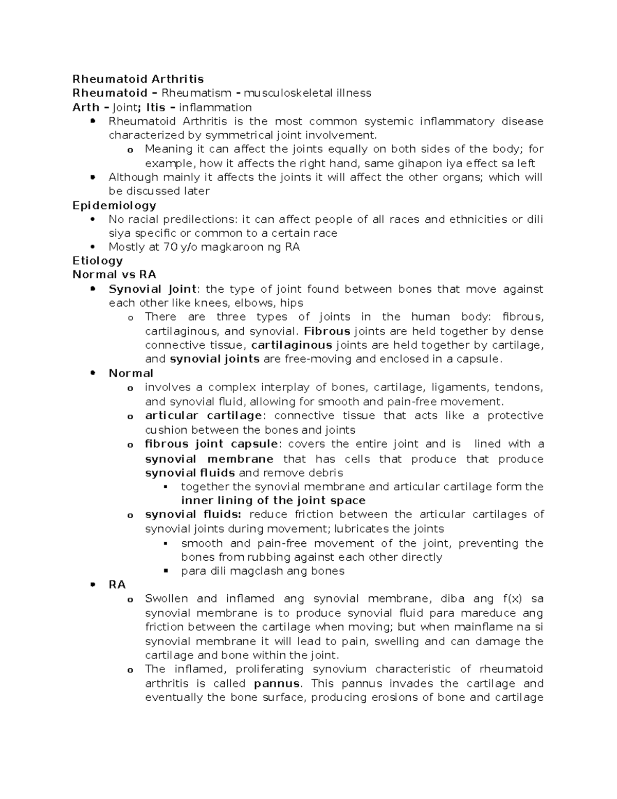 Rheumatoid Arthritis Notes - Rheumatoid Arthritis Rheumatoid ...