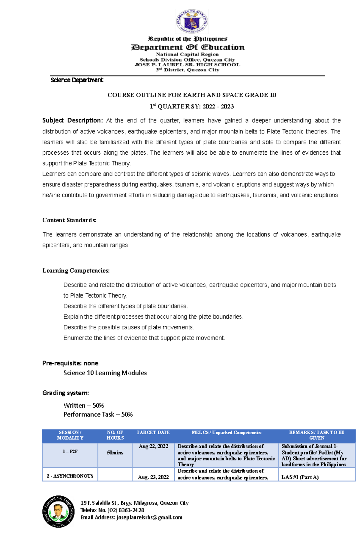 Subject Outline 1st QTR Grade Level 2022 - Science Department COURSE ...