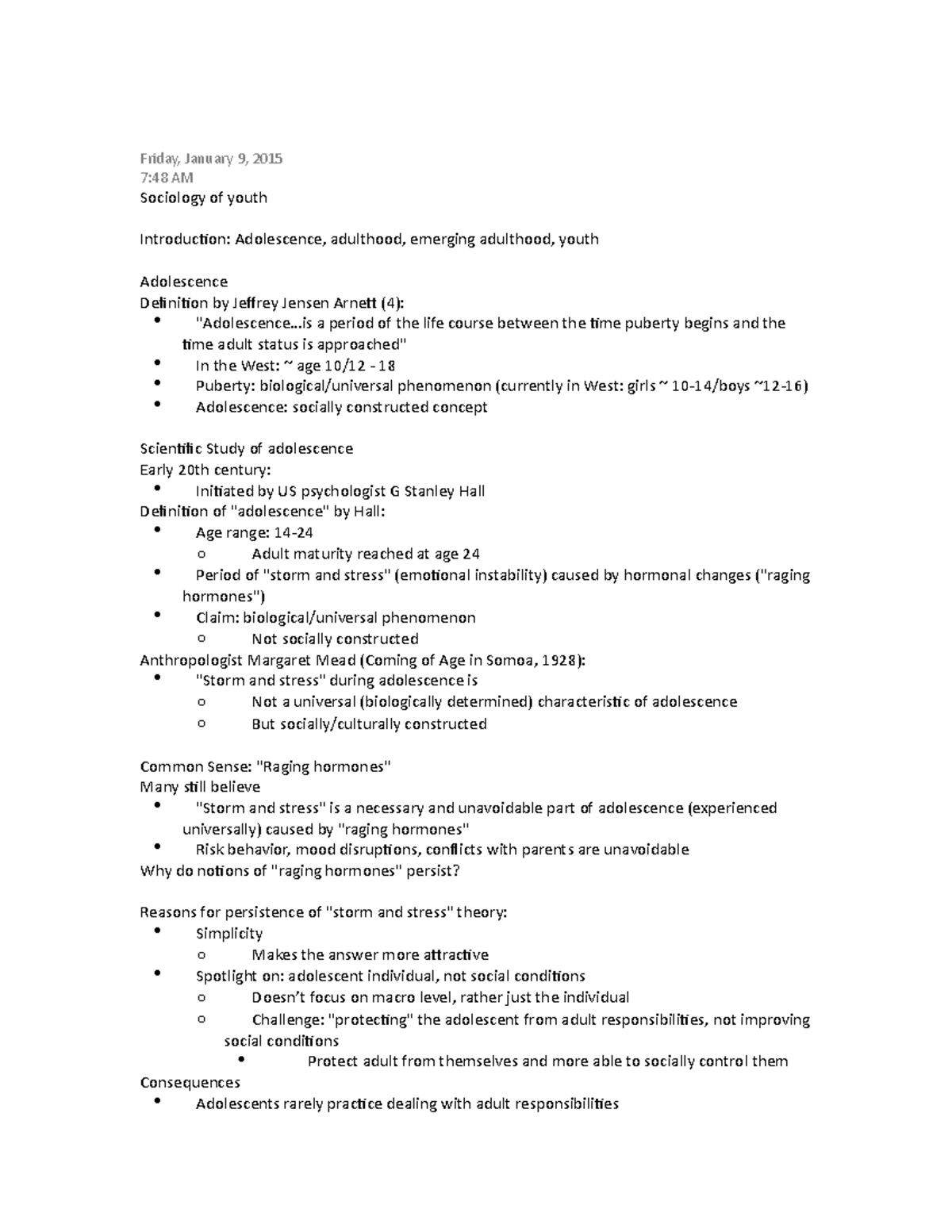 Sociology of Youth - Lecture notes - Soc 377 - Friday, January 9, 2015 ...