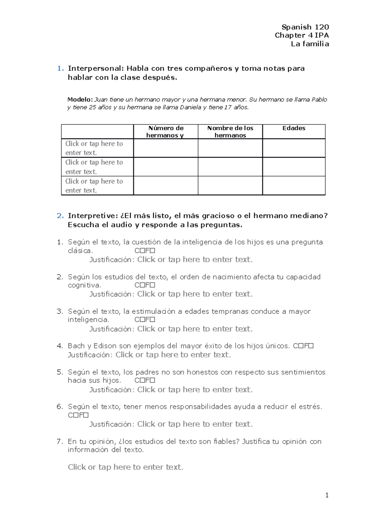 Studoc 3 - Study Notes - Spanish 120 Chapter 4 IPA La familia 1 ...