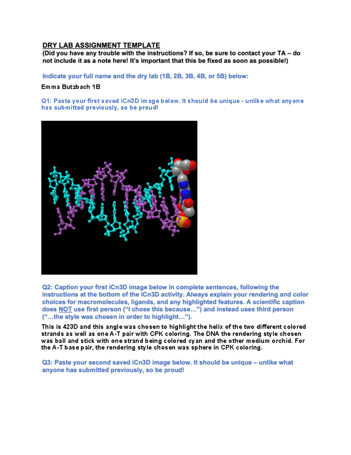 Dry Lab Assignment 1b Emma Butzbach 1b Q1 Paste Your First Saved Icn3d Image Below It Should 