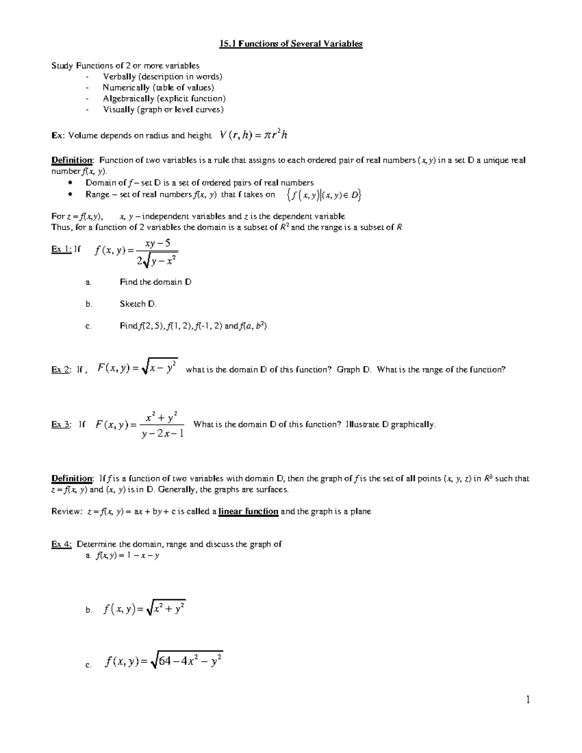 2023 Ch 15 Notes - 15 Functions of Several Variables Study Functions of ...