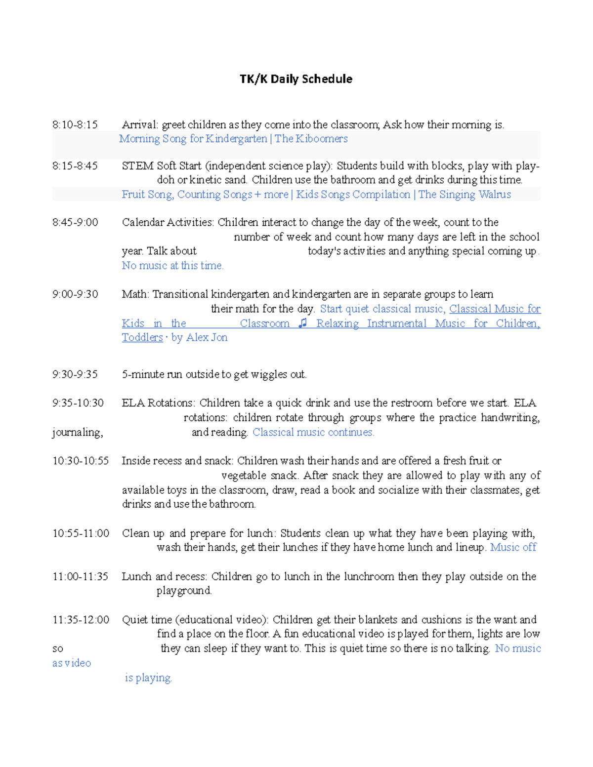 Ideal Daily Schedule - complete - TK/K Daily Schedule 8:10-8:15 Arrival ...