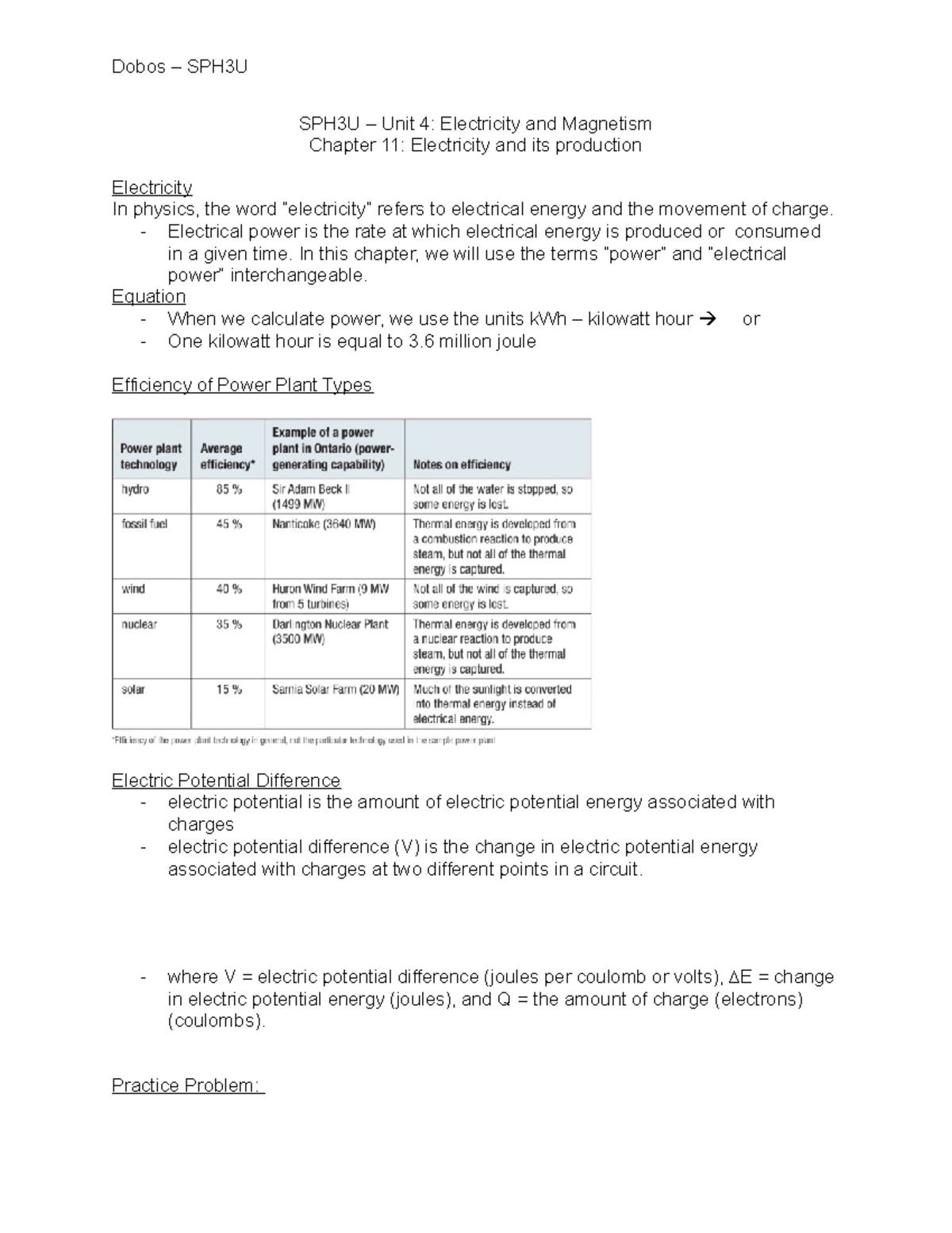 Chapter 11 Electricity Note - SPH3U – Unit 4: Electricity and Magnetism ...