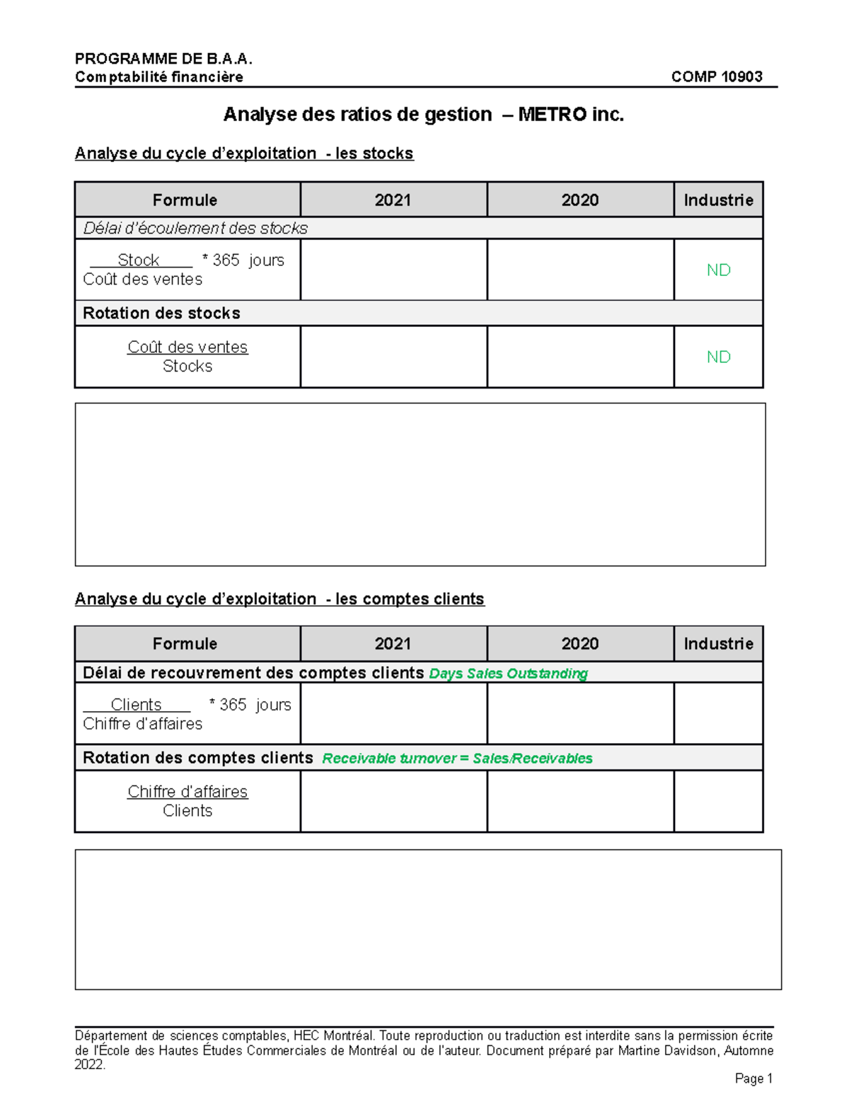 10903 Metro Analyse ratios de gestion et de liquidité - PROGRAMME DE B ... 10903 Metro Analyse ratios de gestion et de liquidité - PROGRAMME DE B ...