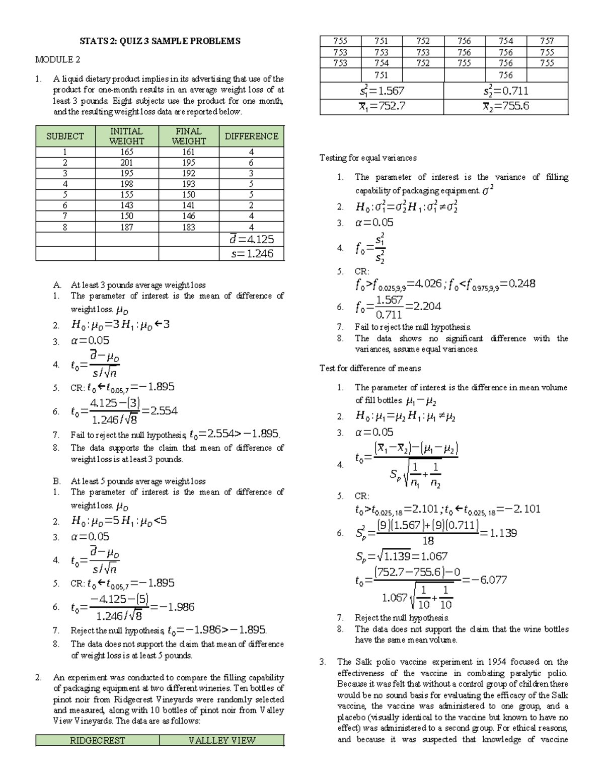 Stats 2 QUIZ 3 Sample Problems - STATS 2: QUIZ 3 SAMPLE PROBLEMS MODULE ...