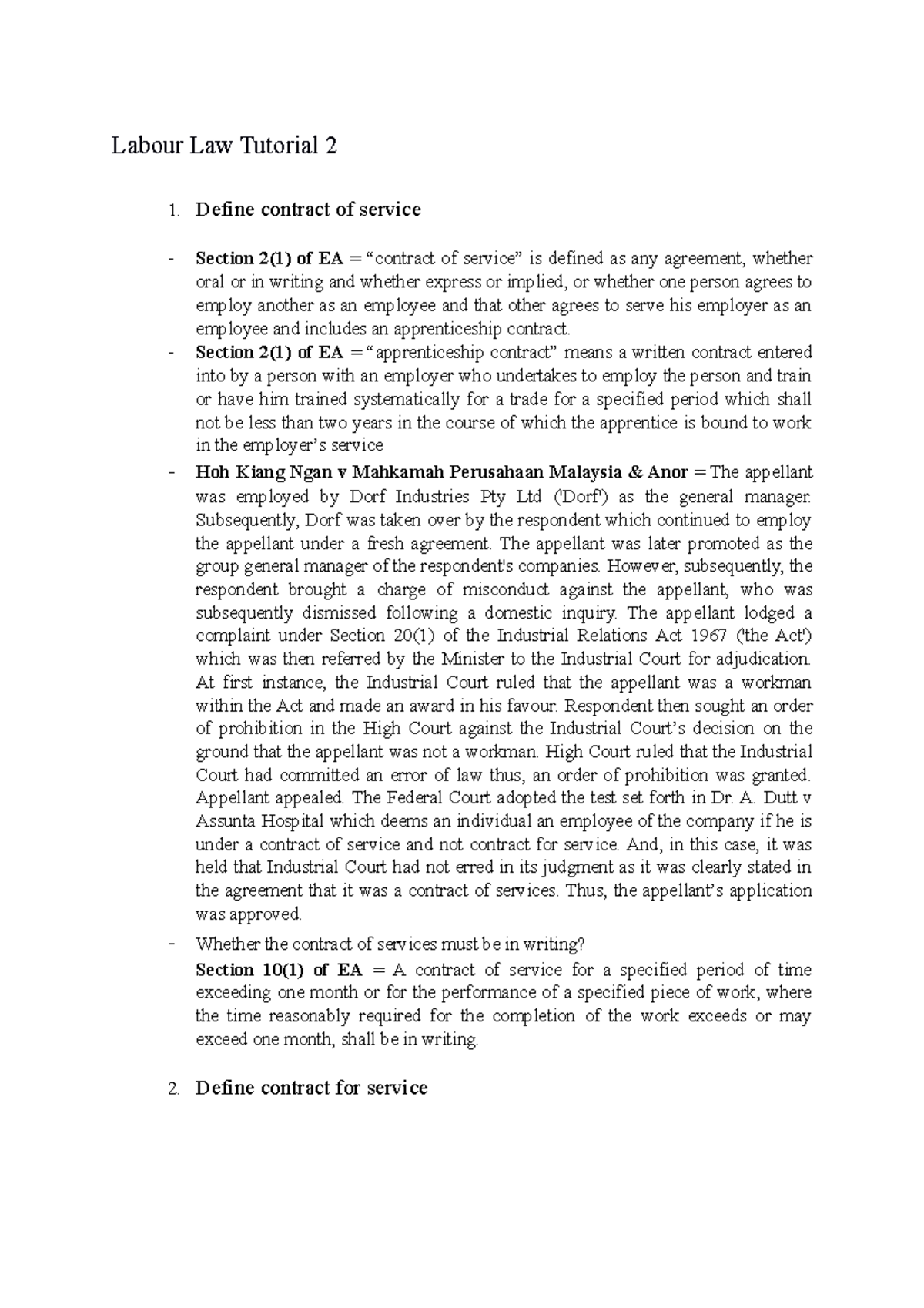 Labour Law Tutorial 2 - Define contract of service Section 2(1) of EA ...