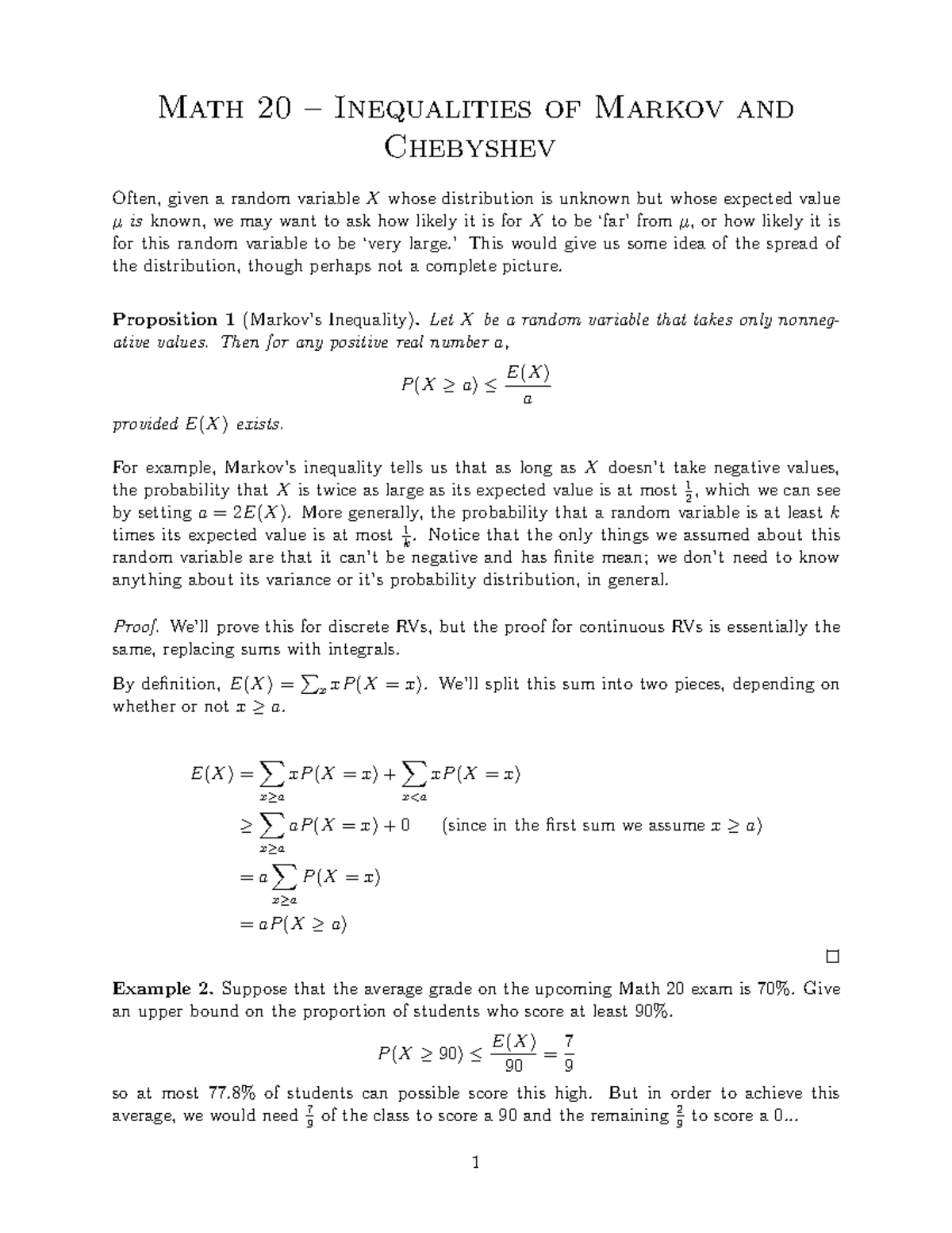 Markov and Chebychev Inequalities - Math 20 – Inequalities of Markov ...