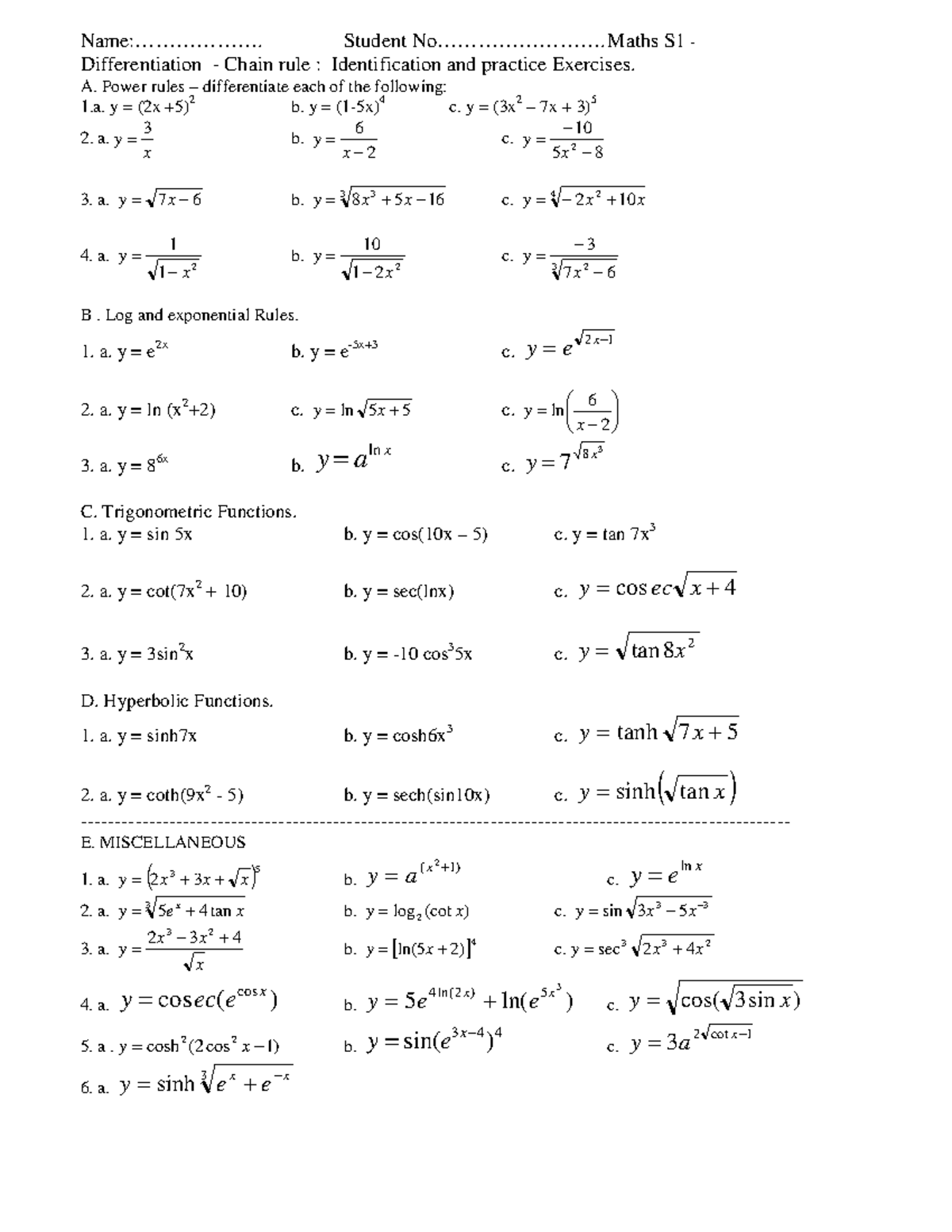 Maths S1 chain rule exercise - Name:................... Student No