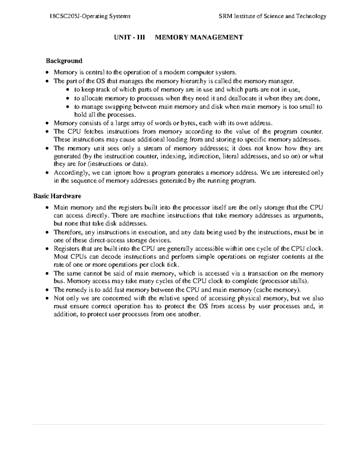 UNIT 3 OS notes - UNIT - III MEMORY MANAGEMENT Background Memory is ...